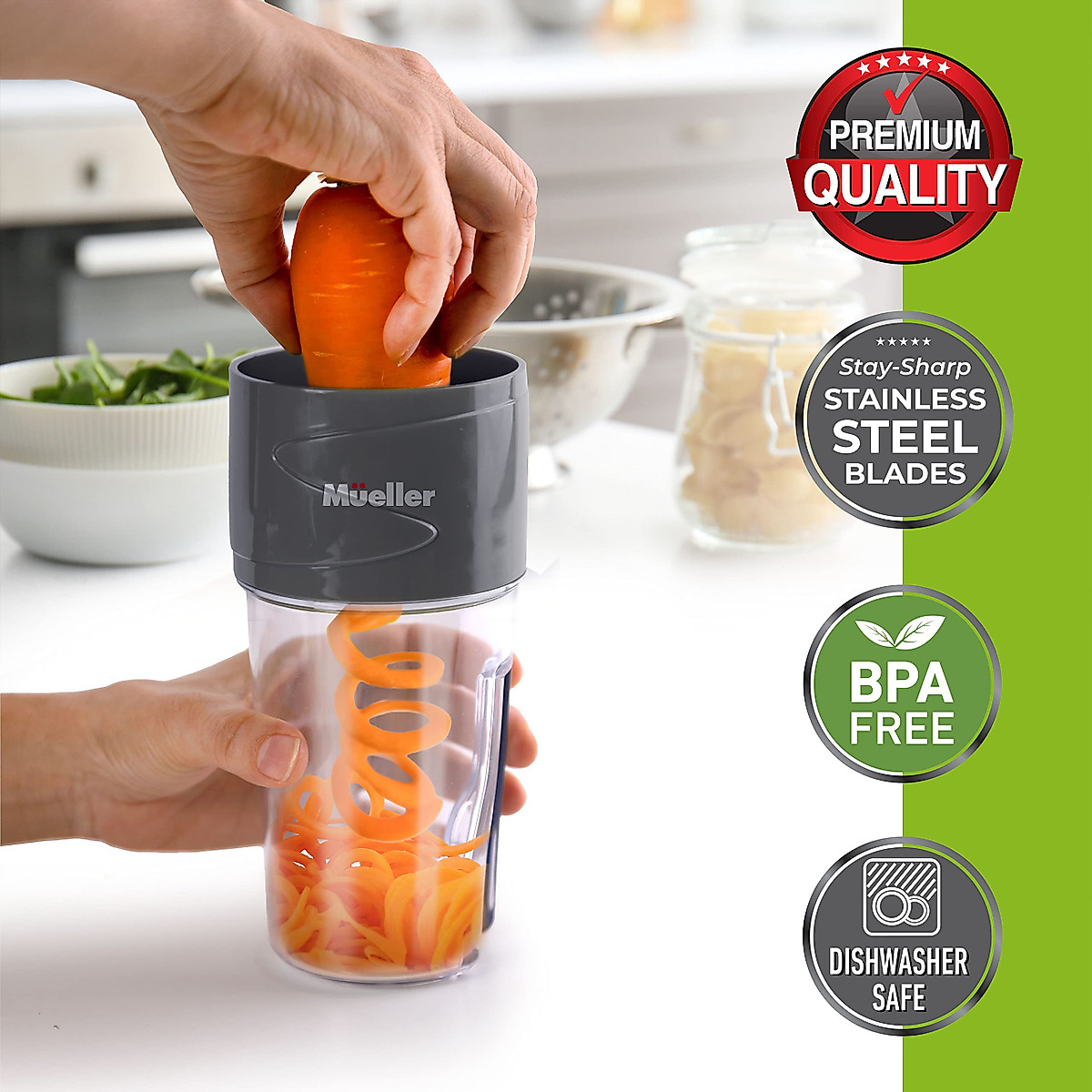 Mueller Spiralizer for Veggies, Salad Container for Lunch - All-In-One Food Prepper, Zucchini Noodle Maker, Vegetable Spiralizer, Comes with Fork, Salad Dressing Container/Spice-Nut Containers