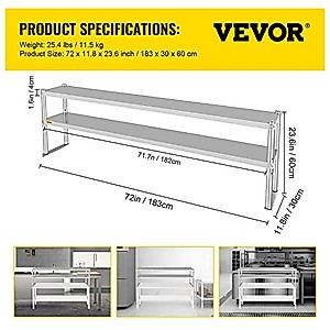 VEVOR Double Overshelf, Double Tier Stainless Steel Overshelf, 72 in Length x 12 in Width Double Deck Overshelf, Height Adjustable Overshelf for Prep & Work Table in Kitchen, Restaurant and Workshop