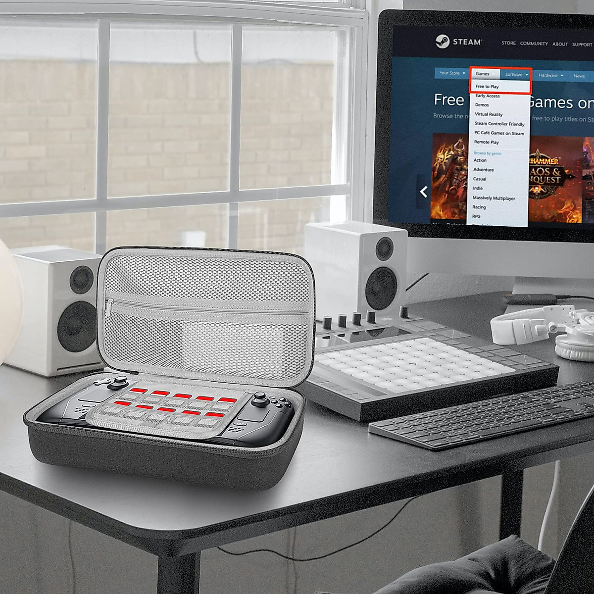 Geekria Carrying Case Compatible with Steam Deck, Hard Shell Carry Case Portable Travel Storage Pouch with Pocket Compatible with Steam Deck Accessories, and Original Charger Storage Bag (Gray)