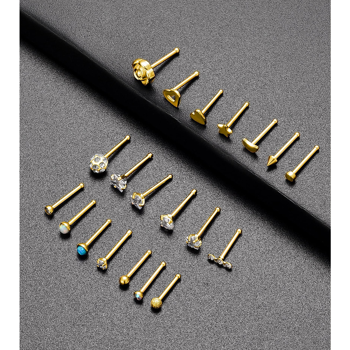 Tornito 20G 20Pcs Nose Ring CZ Nose Stud Retainer L Bone Screw Shaped Nose Piercing Jewelry Set for Women Men Stainless Steel Rose Gold Tone (D:20Pcs,Bone Shaped, Gold Tone)