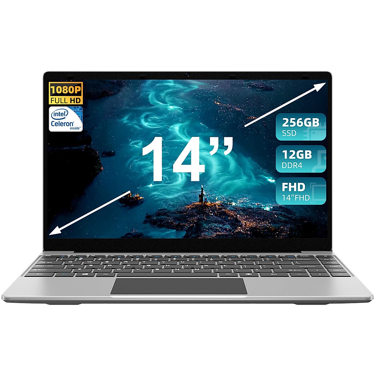 jumper Laptop, 12GB LPDDR4 256GB SSD and Expandable 256GB TF Card Expansion, Quad-Core Intel Celeron CPU(Up to 2.5GHz), 14" 1080P FHD Display, Laptops Computer with 2.4G/5G WiFi, Dual Speakers.