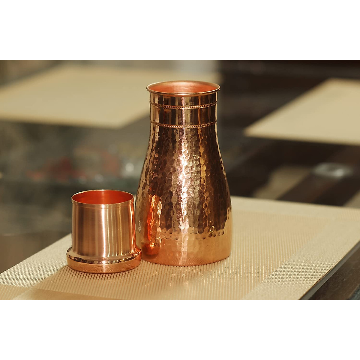 Pure Copper Hammered Design Pitchers And Bedside Carafes With Tumbler Water Bottle Storage With Lid