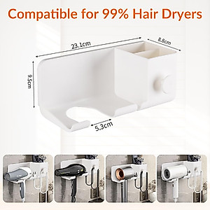 kaggiyu Hair Dryer Holder, Blow Dryer Hanger Wall Mount for Bathroom, Blow Dryer Holder Hook with Plug&Cord Organizer Self Adhesive Hair Tool Organizer for Cabinet Door Bedroom(1 Pack White)