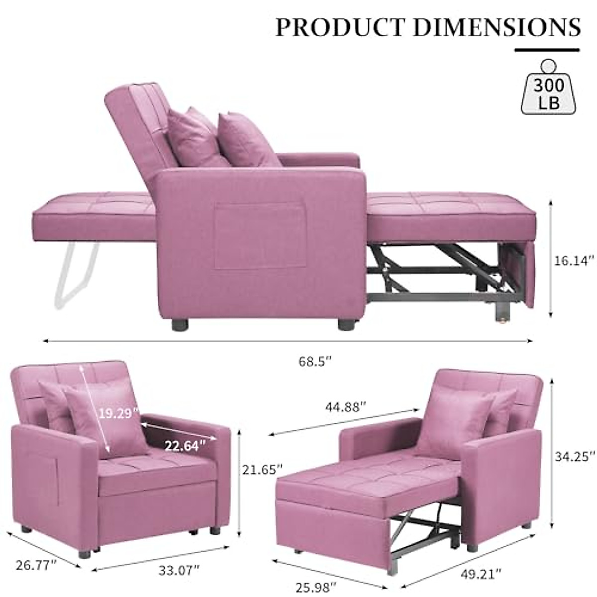 GOOGIC Convertible Chair Bed - Folding Sofa Bed Chair with Adjustable Backrest, 3-in-1 Multi-Functional Pull Out Sleeper Chair Bed Single Armchair Sofa Bed with Side Pocket (Pink)