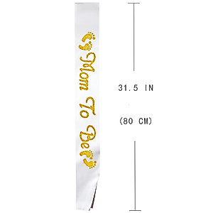 Mom to be Sash, White Satin with Gold Gitter Font with Baby Foot, Best Baby Shower Mommy Decorations Mother Gifts, Gender Reveal Party Baby Boy Or Girl Neutral Gender Reveal