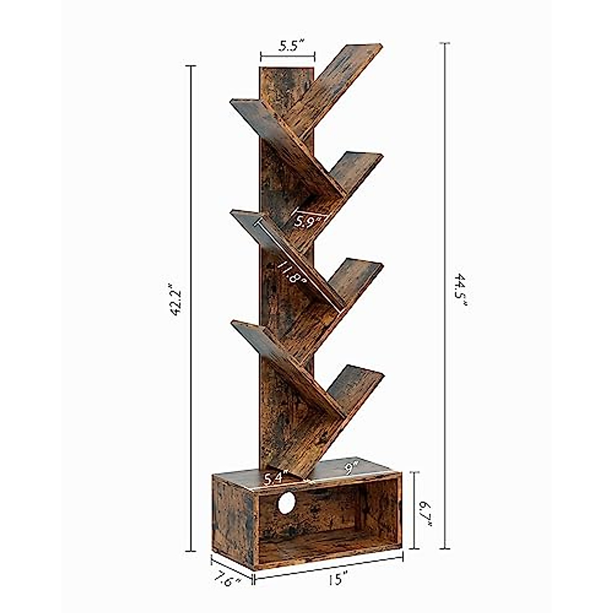 Aobafuir 6-Tier Tree Book Shelf, Open Side Standing Bookcase Shelf, Wooden Bookshelves Storage Rack for CD/Book, Utility Organizer Shelves for Living Room,Bedroom, Rustic Brown