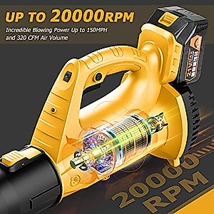 EKACO Leaf Blower - 320 CFM 150 21V MPH Leaf Blower Cordless with 4.0Ah Battery and Charger, Electric Leaf Blower with 6-Speed Control 2 Section Tubes for Lawn Care, Yard, Snow Debris, and Dust