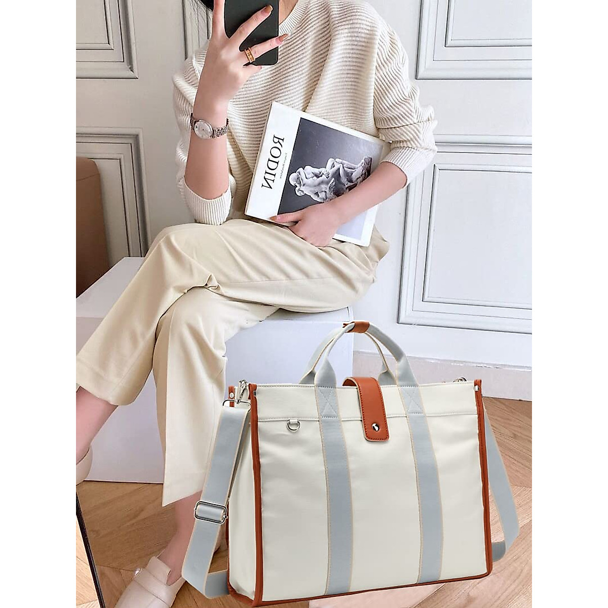 Laptop Bag for Women 15.6 Inch Lightweight Canvas Tote Bags Teacher Work Bag for School Travel
