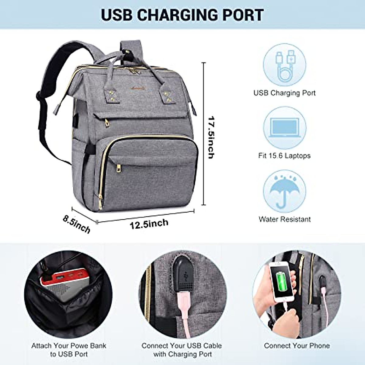 LOVEVOOK Laptop Backpack Women, 15.6 Inch Computer Backpack with Charger, Water Resistant Teacher Bag Work Backpack with Laptop Compartment for Travel Business College, Grey