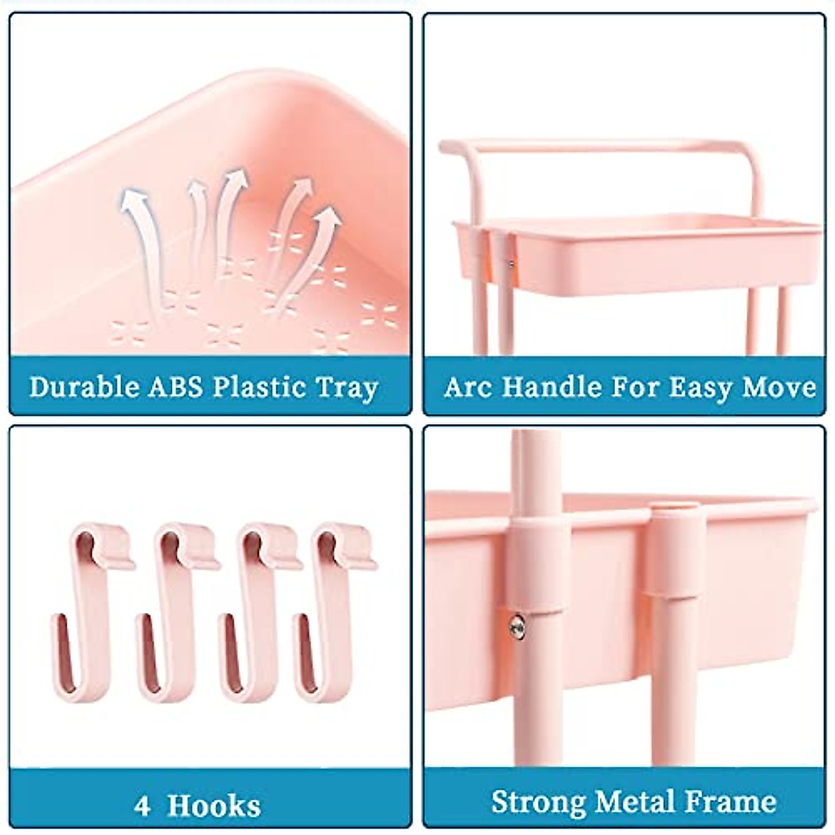 danpinera 3 Tier Rolling Utility Cart with Hooks & Handle Storage Organization Shelves for Kitchen, Bathroom, Office, Library, Coffee Bar Trolley Service Cart, Pink