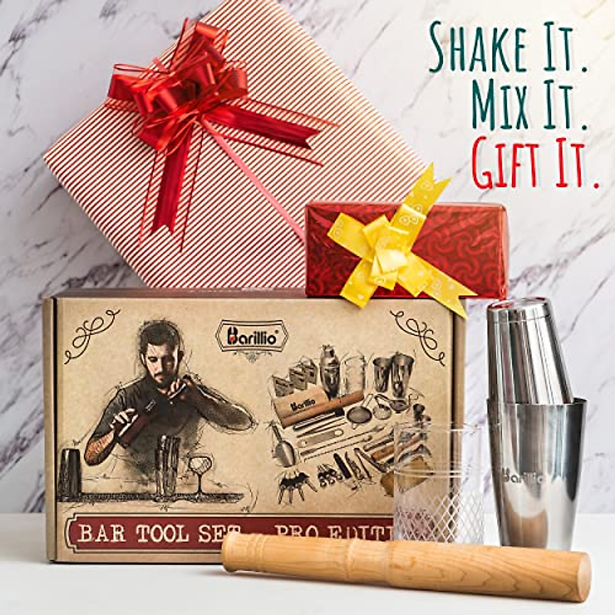 Cocktail Shaker Set Bartender Kit by BARILLIO: Complete Bar Tool Set | Stainless Steel Barware Essentials, Premium Mixology Gear