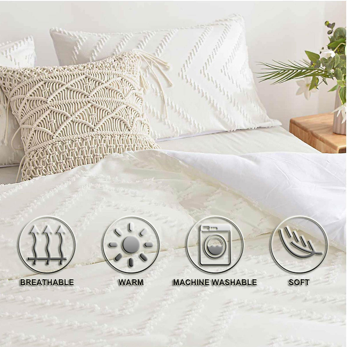 Nanko Pillow Case/Pillow Shams Queen Set of 2, White Tufted Jacquard Boho Soft Shabby Chic Microfiber Pillow Covers, Soft Comfortable for Home Hotel Bed, Modern for Men and Woman, 20 x 30 inch