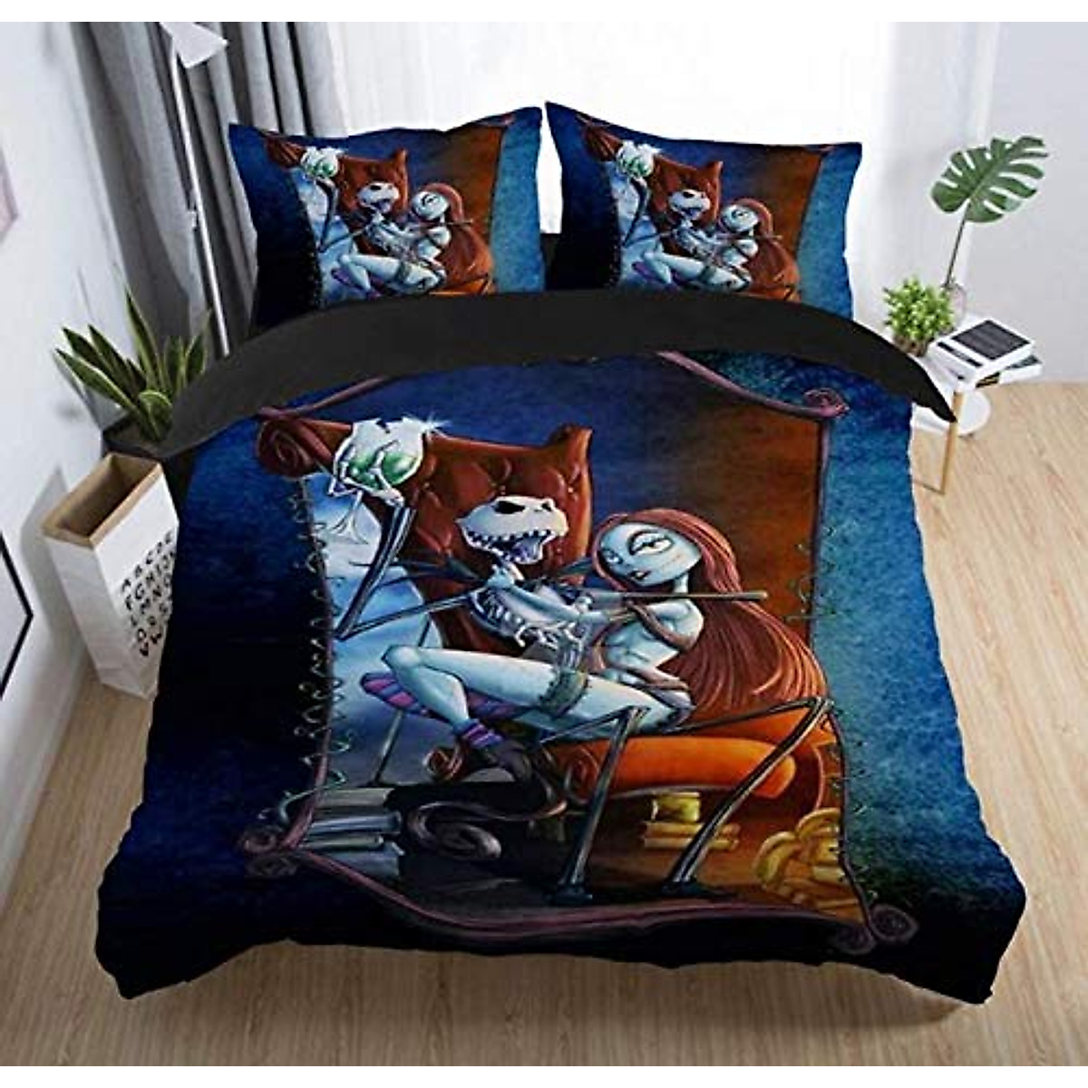Vankie Bedding Set 3Pieces, Nightmare Before Christmas Duvet Cover Set Jack and Sally Throne Cartoon Bedding with 1 Duvet Cover, 2 Pillow Shams, No Comforter Queen Size