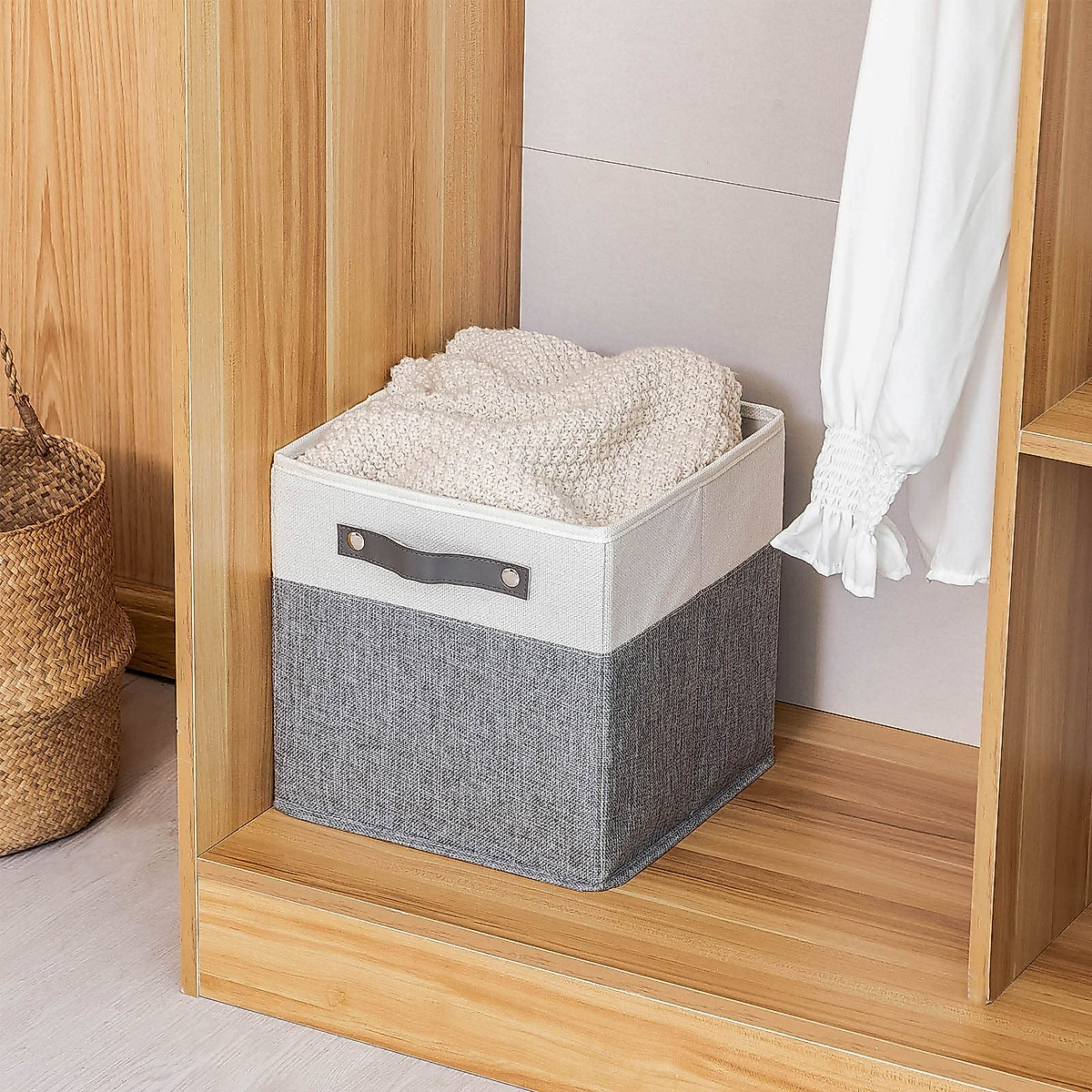 DULLEMELO 11x11 Cube Storage Bins Fabric Cubby Baskets, Foldable 11 x 11 storage cubes for Organizing Toys Books Towels Clothes, Cube Storage Organizer Bins for Shelves Closet Home Office, White&Grey