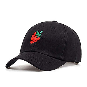 Strawberry Cherry Baseball Hat, Embroidered Dad Cap, Unstructured Soft Cotton, Adjustable Strap Back (Black 2)
