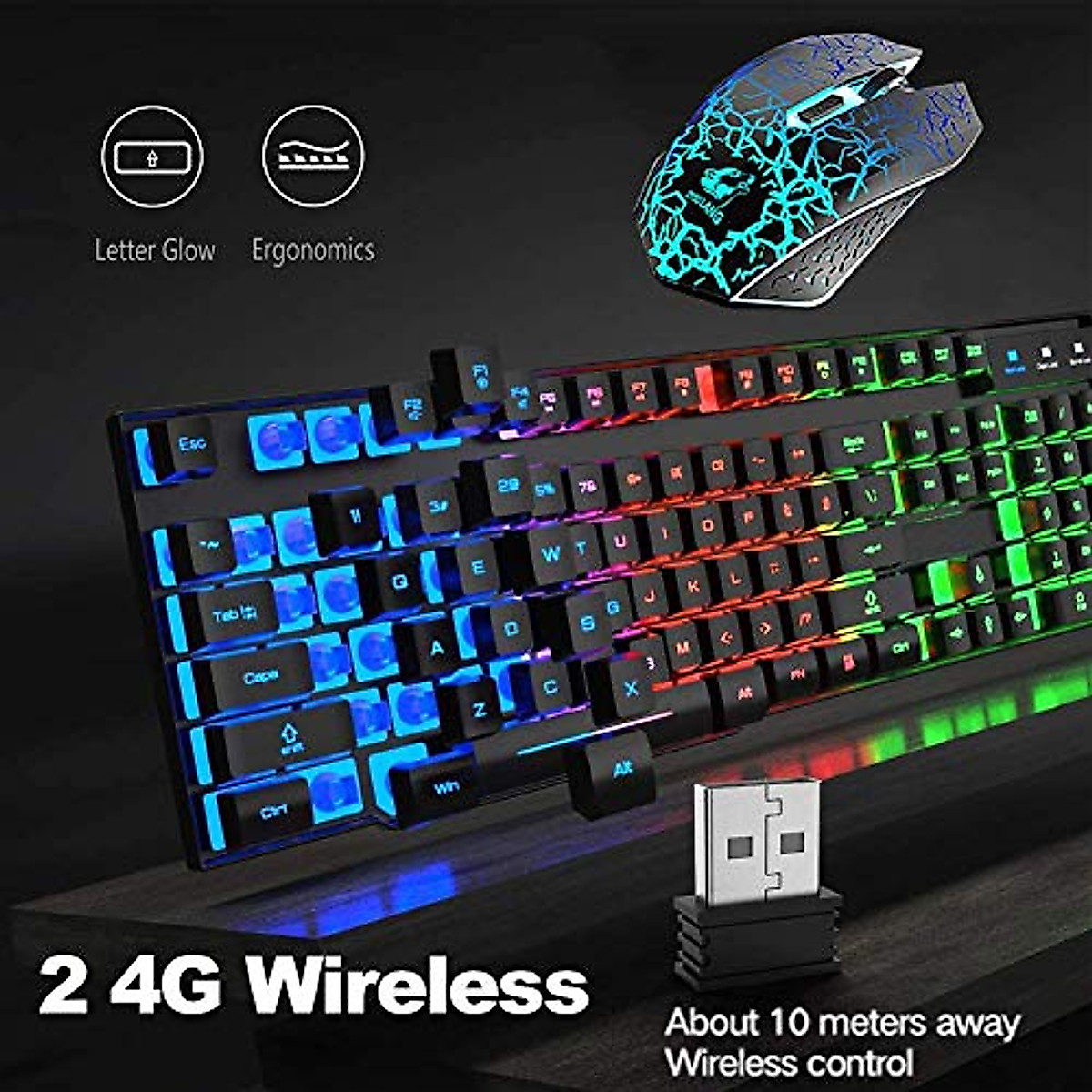 Wireless Gaming Keyboard and Mouse Combo with Rainbow LED Backlit Rechargeable 3800mAh Battery Mechanical Feel,7 Color Gaming Mouse,Mouse Pad for Windows PC Gamers(Black)
