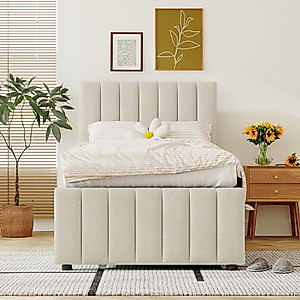 FEELHOME Upholstered Platform Bed, Twin Size Wooden Bed Frame with Pull-Out Twin Size Trundle and 3 Drawers, Wood Slat Support, No Box Spring Needed, Linen Fabric, Beige