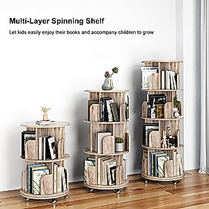 Nidouillet Rotating Bookshelf, 4 Tier Revolving Bookcase with Brake Wheels 360° Display Round Bookshelf Narrow Swivel Corner Book Shelf Standing Bookcase Adult Bedroom, Living Room - Oak Grey