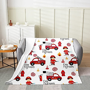 Feelyou Fire Truck Flannel Fleece Blanket Cartoon Car Firemen Car Vehicle Pattern Plush Throw Blanket, for Children Firefighter Red White All Season,Bed Blanket Room Decor Room Decor Twin 60"x80"