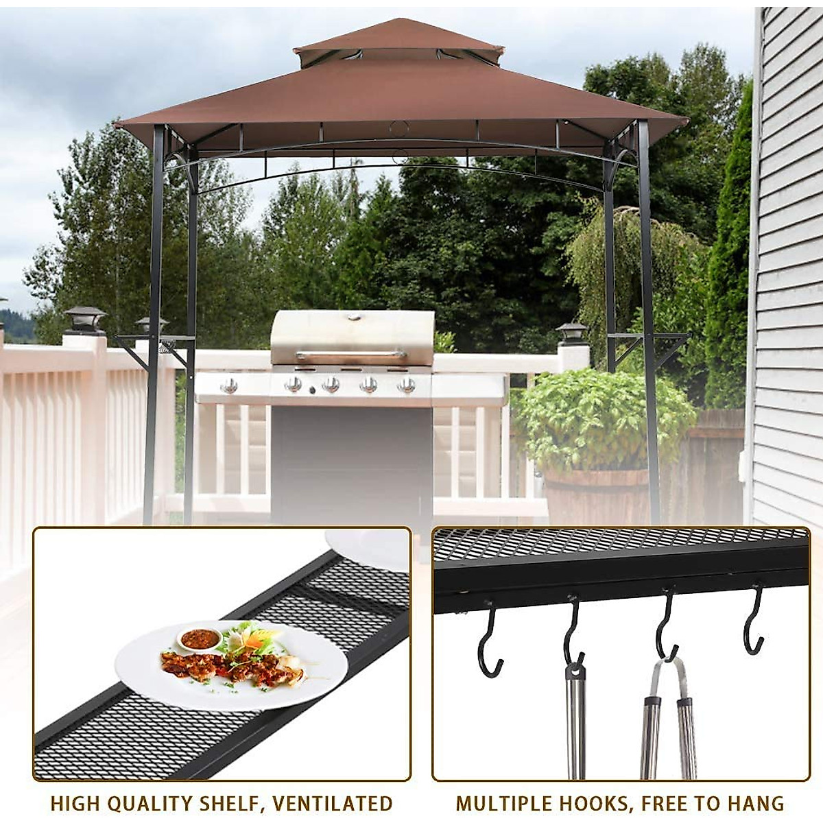 Gazebo Canopy Tent Grill Gazebo Patios Tent Outdoor Patio Shelter 8' X 5' Outdoor Heavy Duty Shelter Picnic BBQ Gazebo Double Canopy with Durable Steel Frame for Patio, Garden, Event - Brown