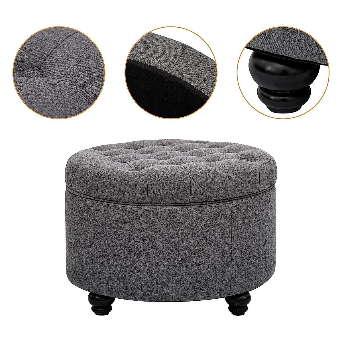 CangLong Large Button Tufted Fabric Round Storage Ottoman with Storage for Living Room & Bedroom,Dark Grey