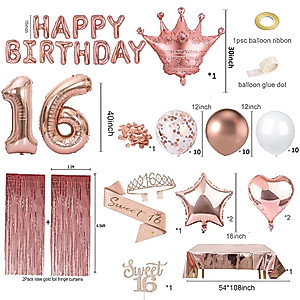 Sweet 16 Party Decorations, Rose gold 16th Birthday Decorations for Girls, Happy Birthday Banner, Curtains, Cake Topper, Bday Sash and Crown, Balloons for Her Sixteen Years Birthday