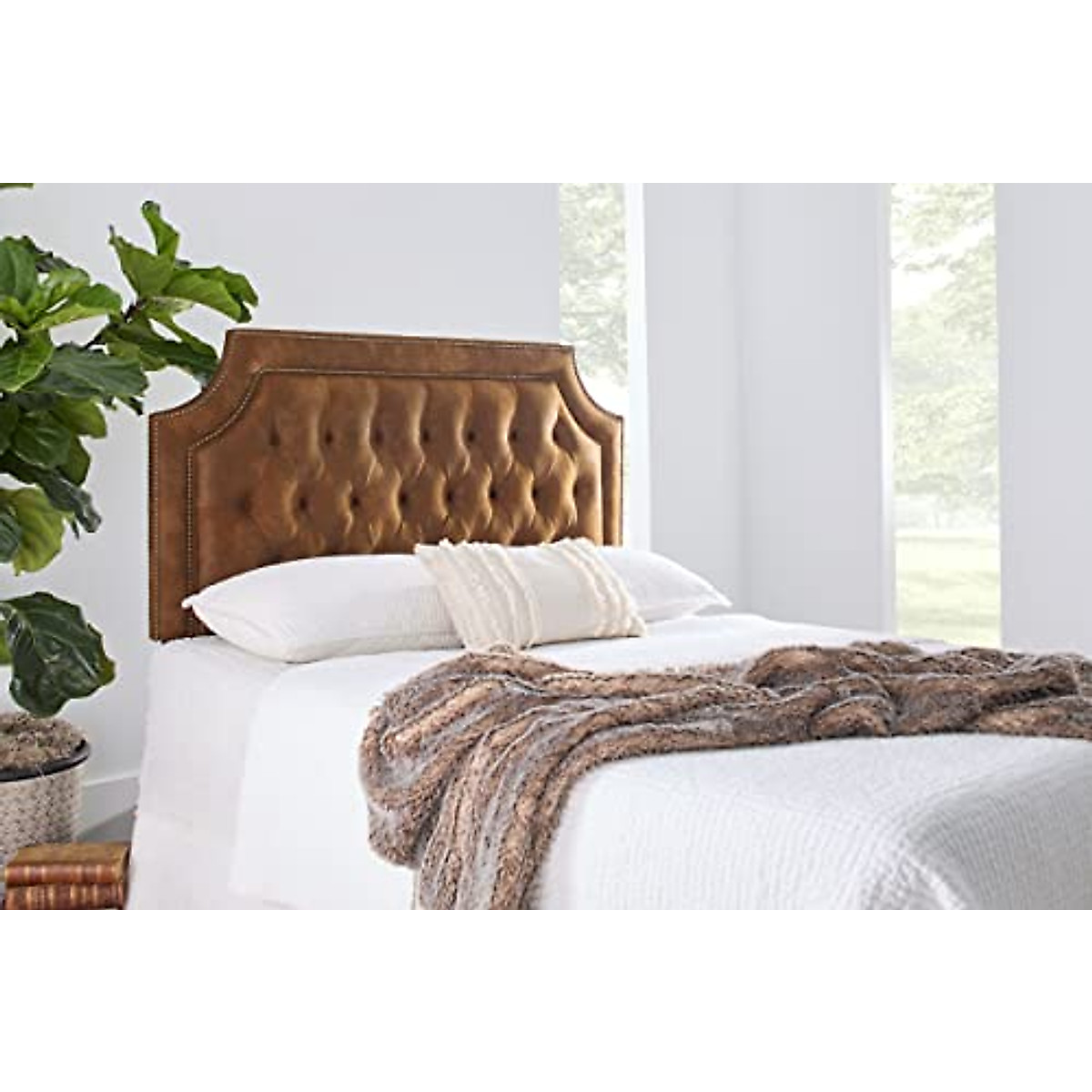 Design 59 D59 Distressed Vegan Leather Upholstered Tufted Button Queen Headboard with Brass Nailheads Queen/Full Size Headboard – Adjustable Height (Chestnut Vegan Leather)