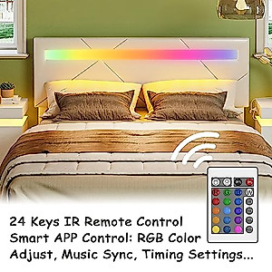 LIKIMIO Queen Bed Frame with LED Lights, Modern PU Leather Upholstered Platform Bed with Headboard, No Box Spring Needed/Noise-Free/Easy Assembly, White