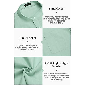 COOFANDY Mens Cotton Linen Henley Hippie Casual Beach T Shirt with Pocket, Green, Large, Short Sleeve