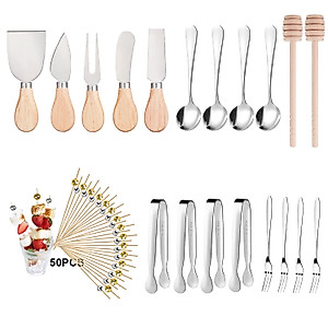 Samilcsp Cheese Knife Set for Charcuterie Board Accessories, Stainless Steel Spreader Knife Set with Serving Tongs, Spoons, Forks, Honey Dippers, Bamboo Picks for Cheese Board