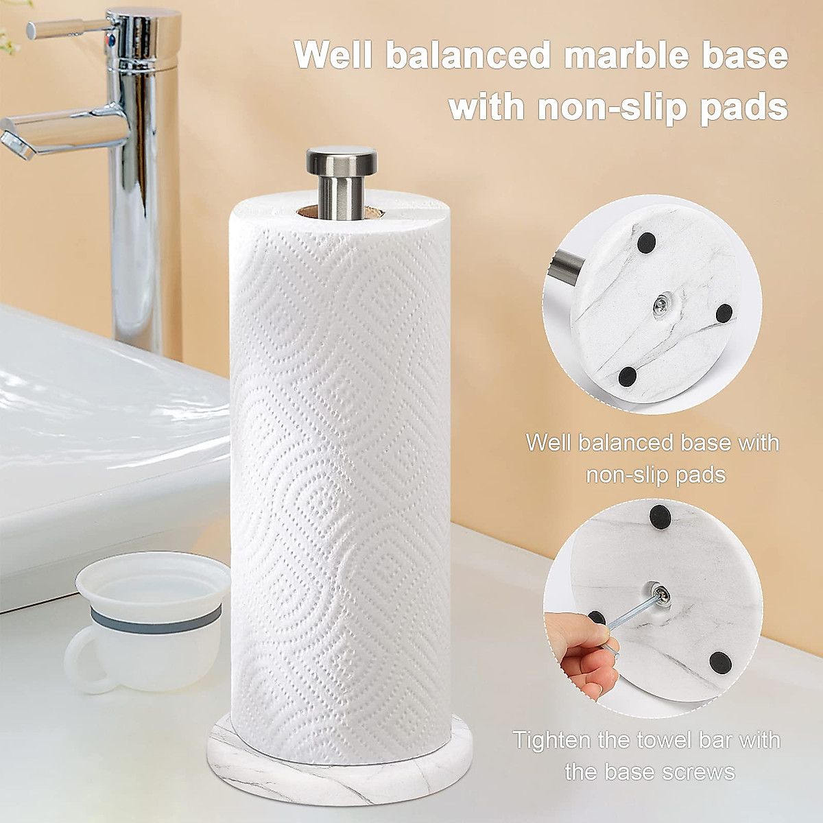 NearMoon Standing Paper Towel Holder, Kitchen Paper Towel Roll Holder- for Bathroom Kitchen Countertop, Standard or Jumbo-Sized Roll Holder (with Marble Base, Brushed Nickel)