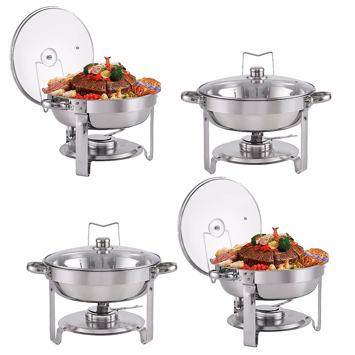 5QT Chafing Dish Buffet Set 4 Packs, Stainless Steel Round Chafers with Glass Viewing Lid & Lid Holder, Buffet Servers and Warmers Set for Dinner, Parties, Wedding, Camping