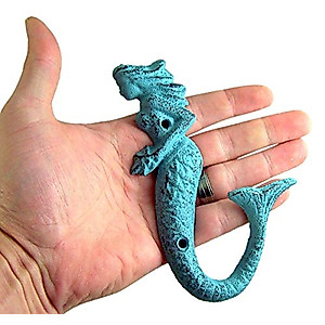 Aqua Blue Cast Iron Mermaid Wall Hook 5 3/4 Inch (Set of 4)
