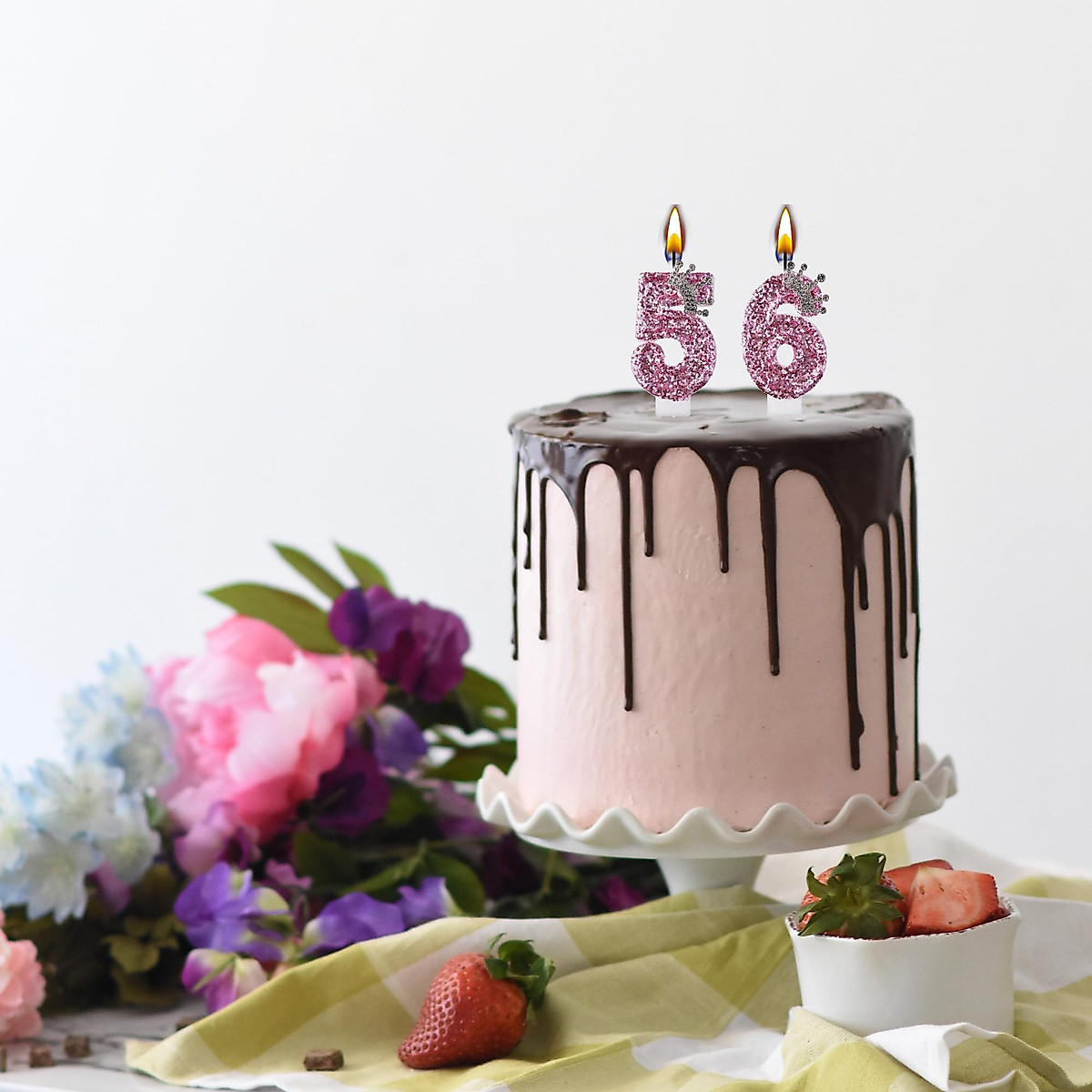 VSHILI 56 65 Birthday Candles, 56th 65th Cake Candles, Pink Birthday Number 56 65 Candles Cake Topper Decorations for Party Men Women
