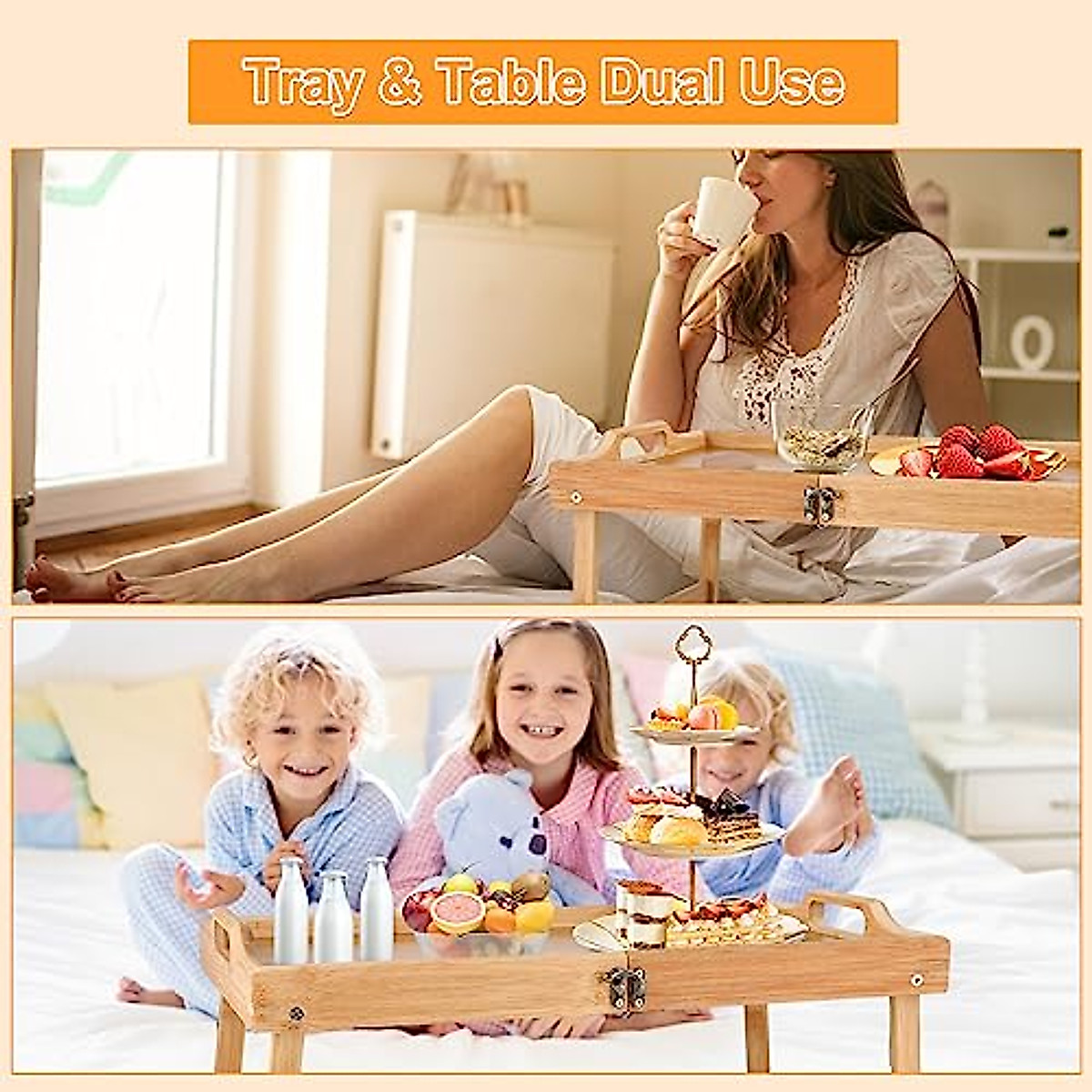 LIVSMON Foldable Bed Tray, Bamboo Breakfast Tray with Folding Legs, Serving Tray for Bed TV Table Desk Laptop Computer Snack Tray