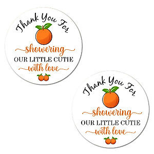 Little Cutie 40 Thank You for Showering Stickers, 2 Inch Big Round Glossy Labels, Clementines Theme for Baby Shower, Birthday, Great for Party Favors, Tags, Games and Supplies. Made in USA
