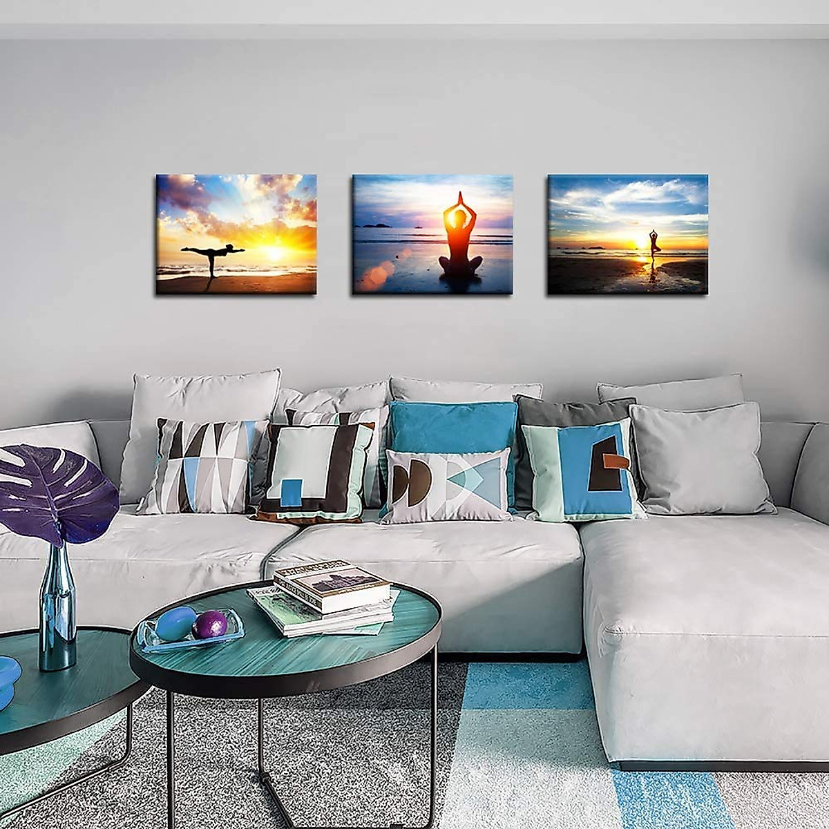 Biuteawal - 3 Pieces Seascape Painting Girl Do Yoga on the Beach Picture Print on Canvas Peaceful Wall Art for Yoga Room Home Bedroom Bathroom Wall Decoration Stretched and Framed