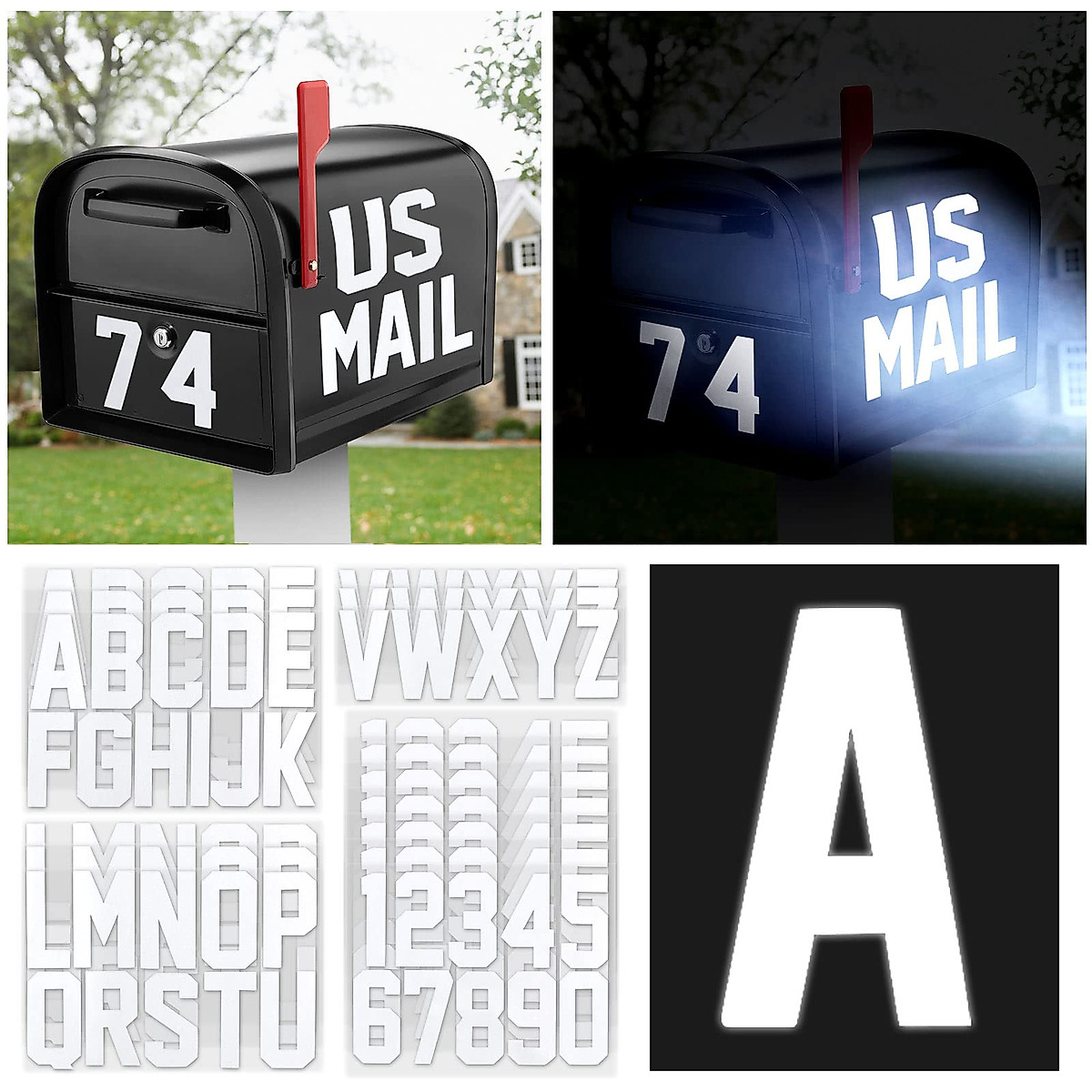Seloom 148 PCS Reflective Mailbox Numbers and Letters Stickers Decals,4" X 7 Set Number 0-9 and 4" X 3 Set Alphabet Letter for Outside Indoor,Vinyl Self-Adhesive Waterproof Door House Address Stickers