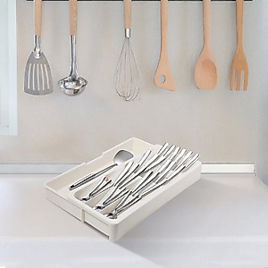 Faridabio Kitchen Drawer Organizer Tray,Expandable Cutlery Silverware Organizer Storage Tray for Kitchen Drawer Flatware Spoons Forks,Creamy White