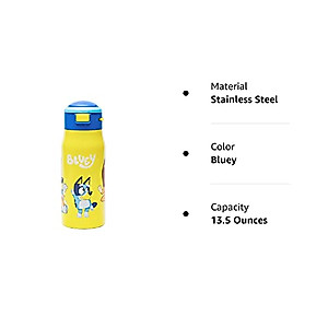 Zak Designs Bluey Double-Wall Vacuum Insulated, Stainless Steel Kids Mesa Water Bottle with Flip-Up Straw Spout and Locking Spout Cover, Durable Cup for Sports or Travel (13.5 oz, 18/8 SS)