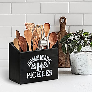 Y&ME YM Kitchen Utensil Holder, Wood Utensil Crock, Kitchen Utensil Caddy With 2 Compartments, Farmhouse Utensil Organizer Cookware Caddy, Rustic Utensil Organizer for Kitchen