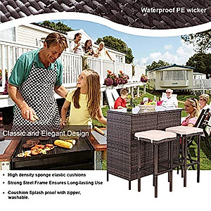 Polar Aurora 3PCS Patio Bar Set with Stools and Glass Top Table Patio Wicker Outdoor Furniture with Beige Removable Cushions for Backyards, Porches, Gardens or Poolside