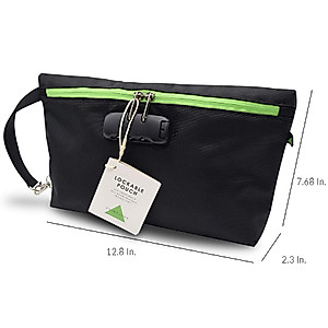 Polyester Zippered Pouch Bag with Lock Combination, Water Repellent Pouch with Wristlet Handle and Interior Mesh Pockets, 12.8x2.3x7.68
