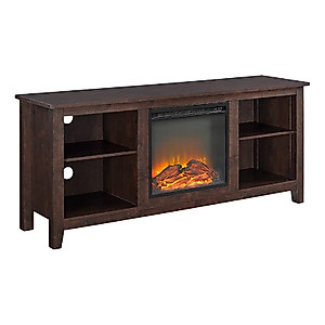 BOWERY HILL 58" Minimal Farmhouse Electric Fireplace TV Stand Console Rustic Wood Entertainment Center with Storage, for TV's up to 64", in Brown