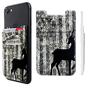 Cell Phone Adhesive Stick On Wallet Sleeve Double Pocket Lycra Credit ID Card Holder Pouch Little Wallet Retro Flag Deer Design for iPhone ipad Samsung Galaxy Android Smartphones