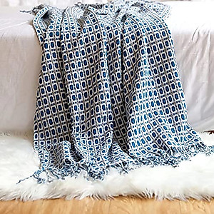 Acrylic Knitted Throw Blanket, Woven Blanket with Tassels Wave Textured Lightweight and Soft Cozy Decorative Blanket Throws for Travel, Couch, Bed, Sofa, 51"x63", Blue