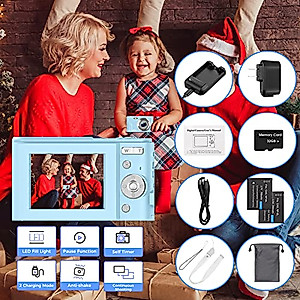 Digital Camera, RUAHETIL Autofocus FHD 1080P 48MP Kids Vlogging Camera with 32GB Memory Card, 2 Charging Modes 16X Zoom Compact Camera Point and Shoot Camera for Kids Teens (Light Blue)