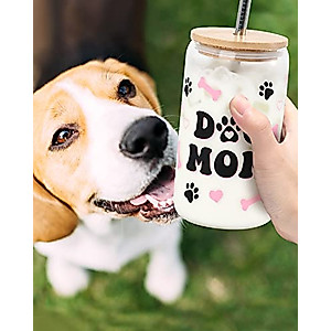 Dog Mom Gifts Beer Glass Can for Women 16oz Dog Paw Iced Coffee Cup with Bamboo Lid and Metal Straw for Dog Pets Lover Smoothie Wine Coffee Tumbler Cold Drinking Glass Birthday Gift Her Spring Summer