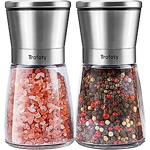 Salt and Pepper Grinder Set, Trofoty Stainless Steel Sea Salt & Pepper Grinder Refillable Set, Manual Adjustable Ceramic Salt and Pepper Grinders, Clear Glass Metal Pepper Mill Set - 2 Pack