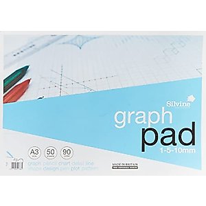 Silvine A3 Graph Pad. 50 Sheets of Quality 90gsm Paper, Printed 1-5-10mm Graph. Ref A3GP
